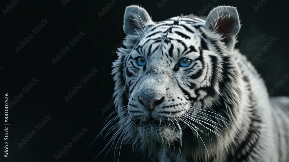 Majestic white tiger with striking blue eyes in closeup portrait on ...