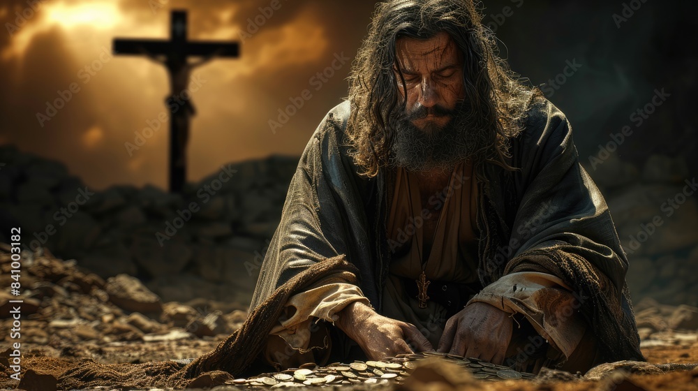 Betrayal scene of Judas thirty pieces of silver, shadow of betrayal and ...