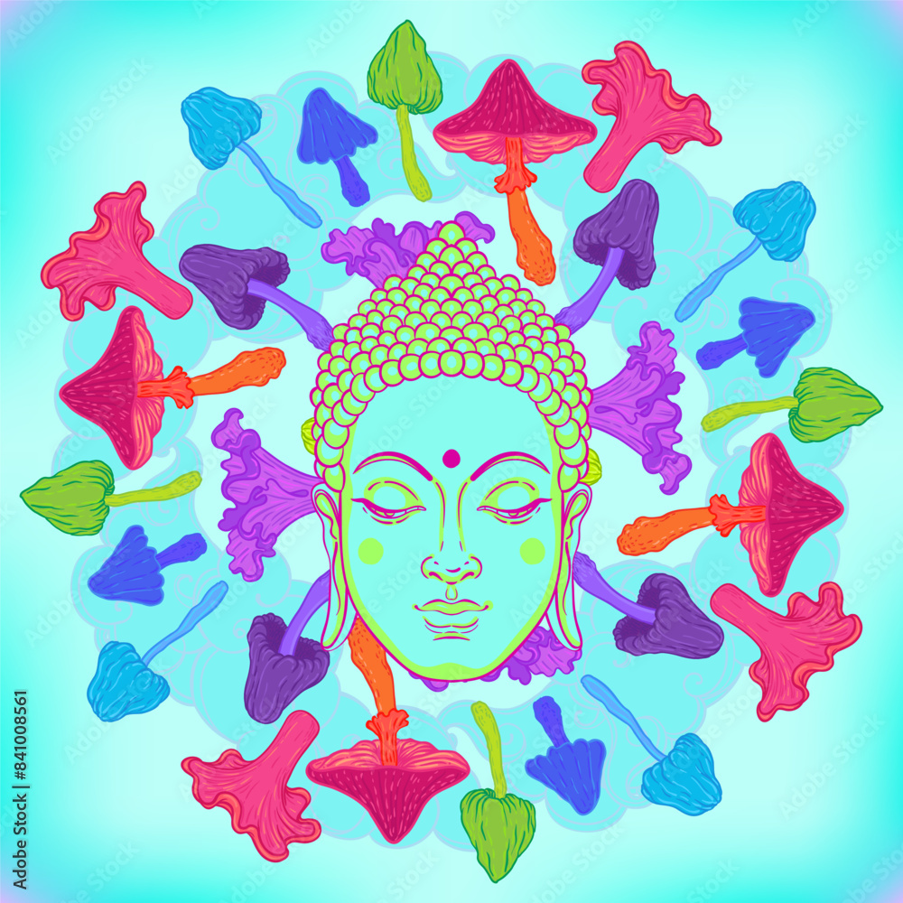 Acid Lord Buddha, ornate mandala round pattern mushroom illustration ...