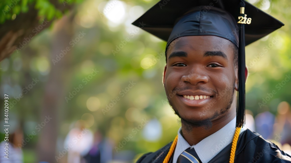 Close up of the face of a young black man graduating from bachelor's ...