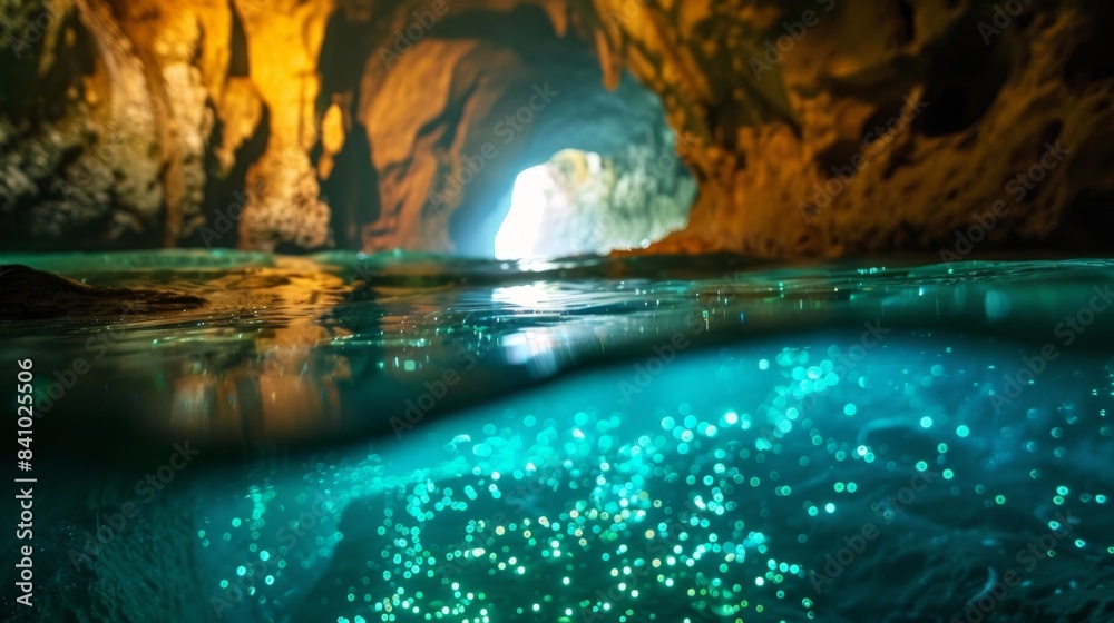 An underground river flows through a cave the water illuminated by the ...