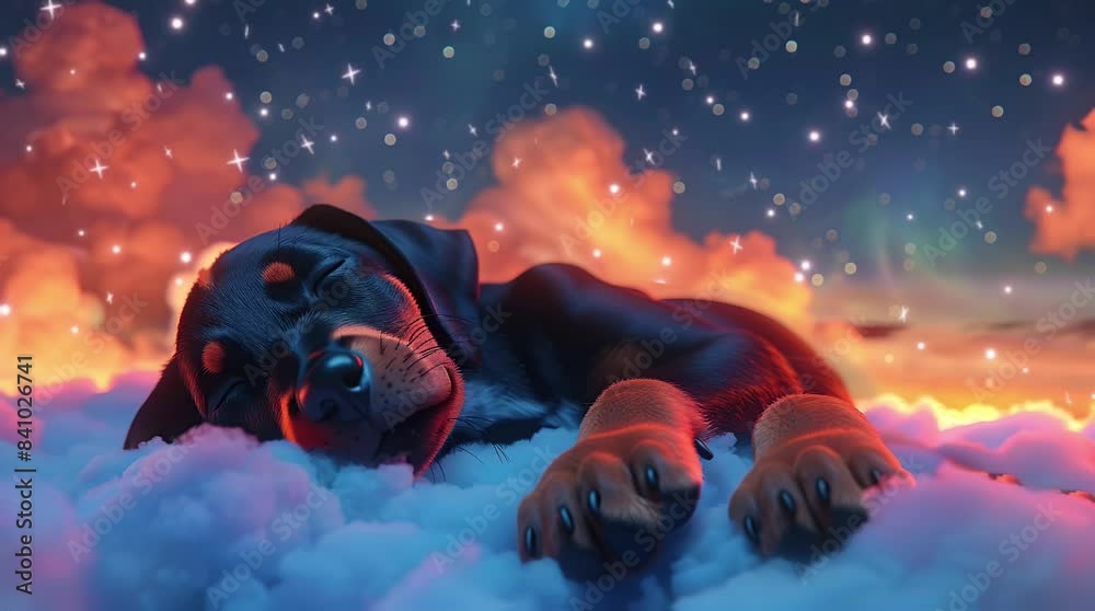 Adorable dog peacefully sleeping on a fluffy cloud in a dreamlike sky ...