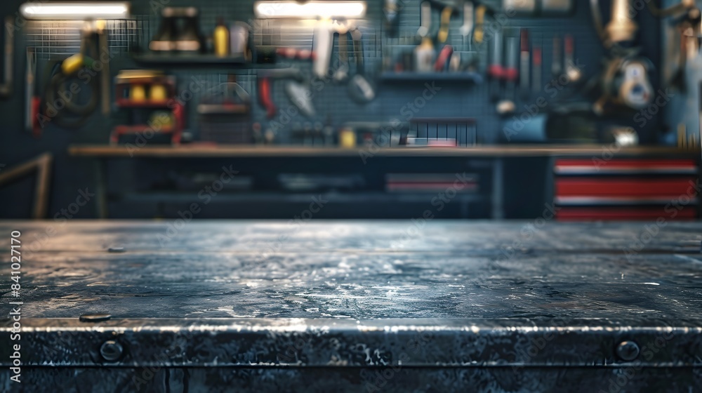 Blank rough metal workshop and desk table surface on blurred garage ...