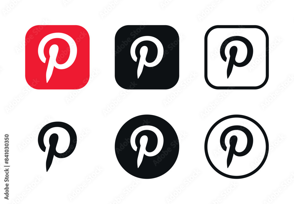 Pinterest icon collection. Pinterest logo set in different shape on ...