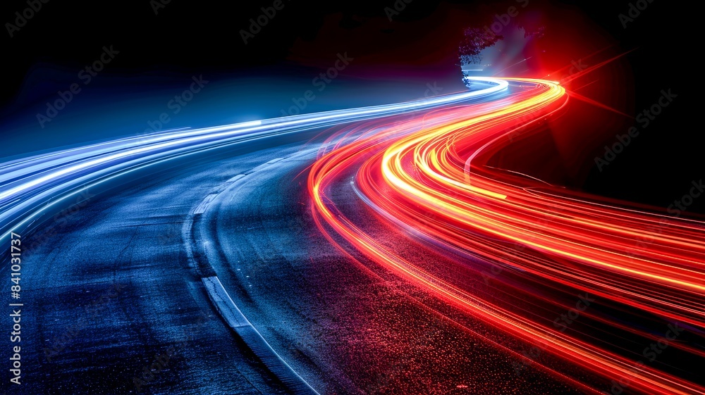 Curved Highway at Night with Bright Light Trails in a Long Exposure ...