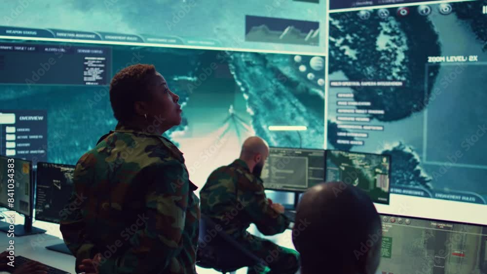 Woman army officer coordinating special operations mission in command ...