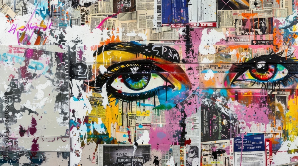 Urban street art featuring graffiti and newspaper collage. Grunge ...