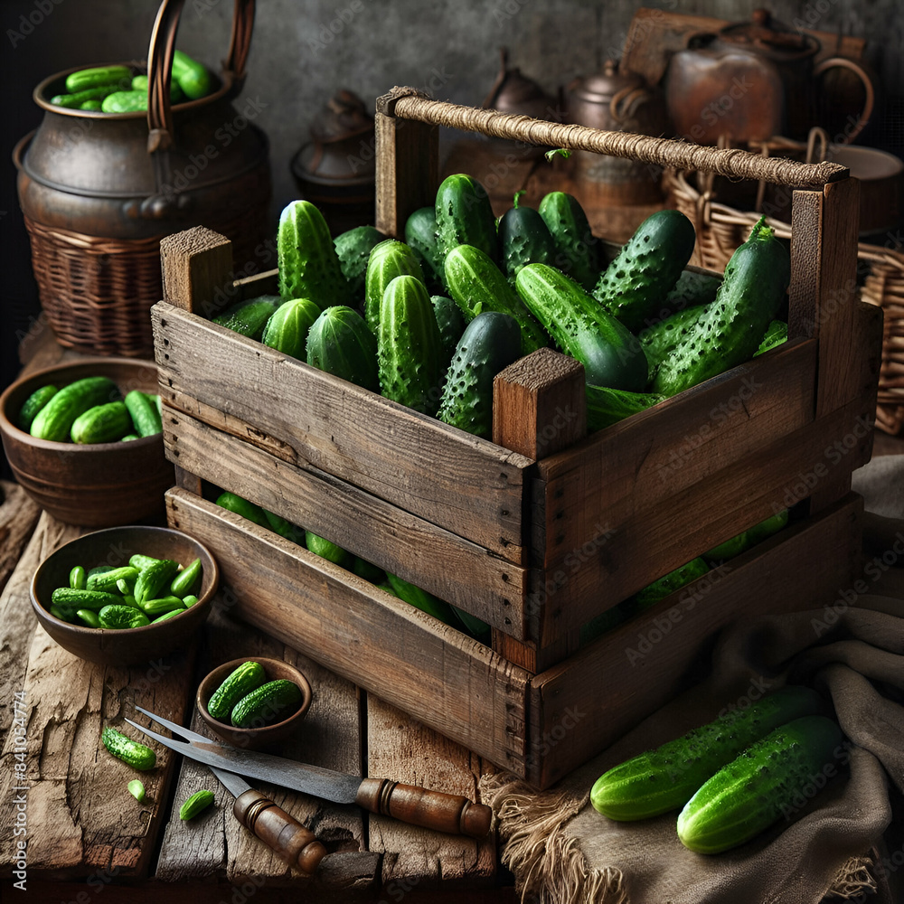 Rustic Wooden Crate Box Filled with Fresh Raw Organic Green Cucumbers ...