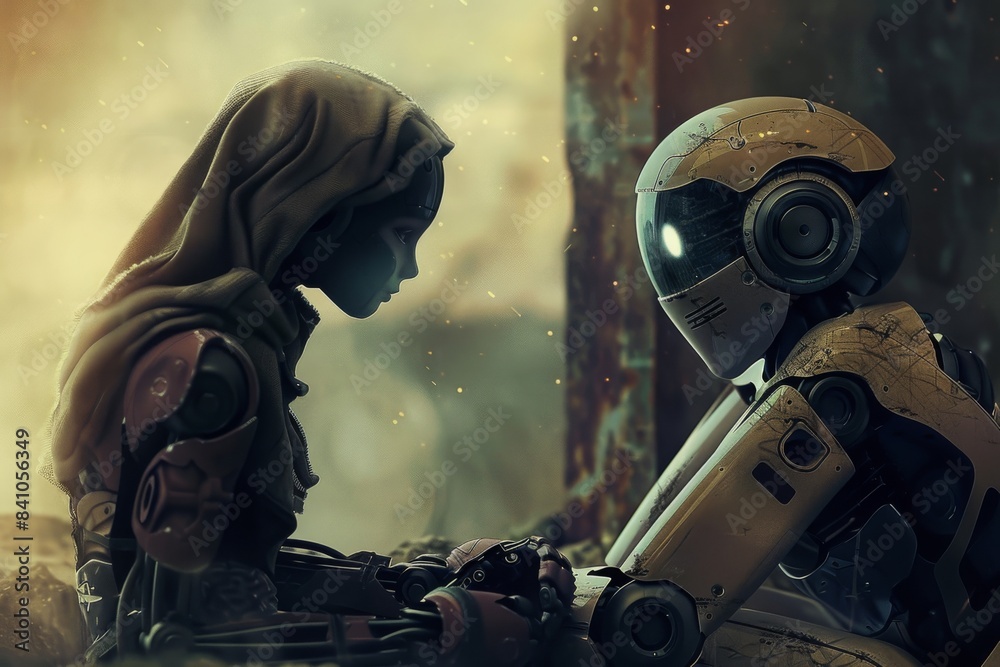 Two robots, one with a hood, in a post-apocalyptic setting, facing each ...