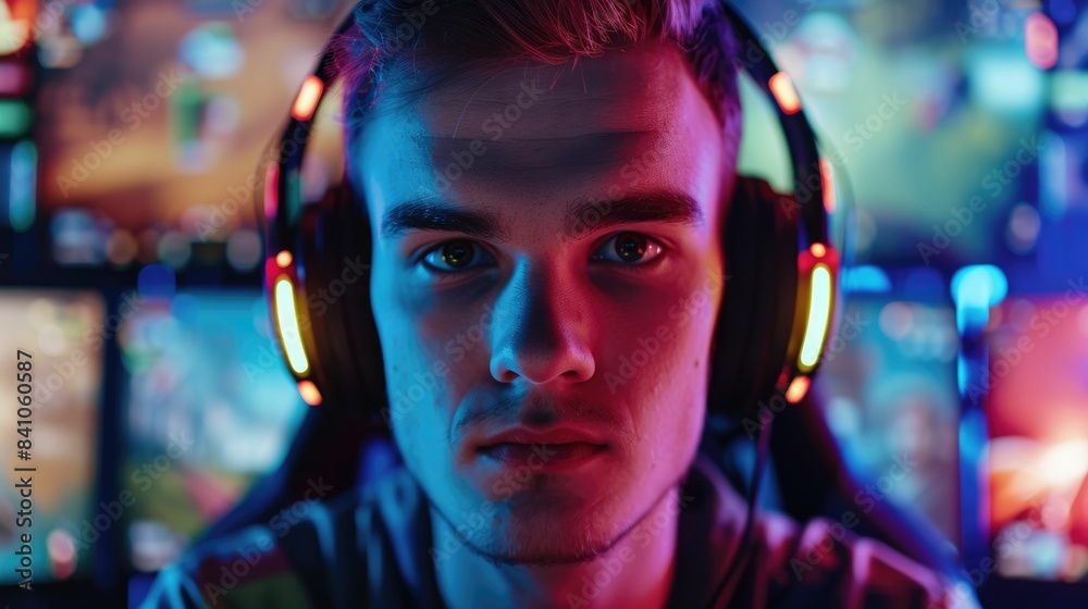 The picture of the gamer that playing the video game inside the room ...