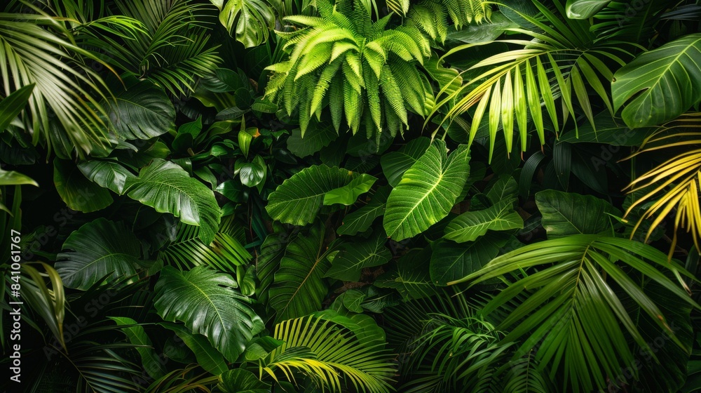 An expansive canopy of tropical leaves, creating a dense green texture ...