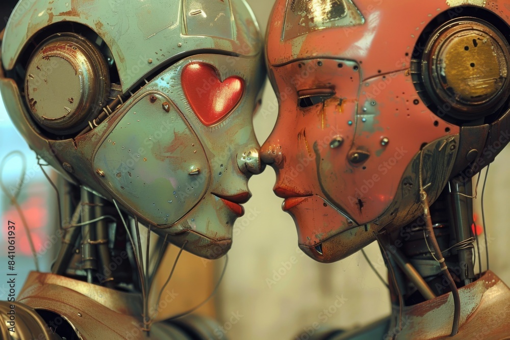 Two robots with polished, metallic finishes and heart symbols on their ...