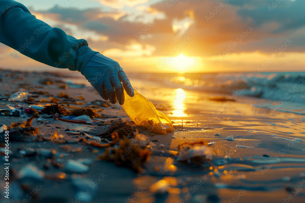 Volunteer hand with gloves collect micro plastics collects plastic from ...