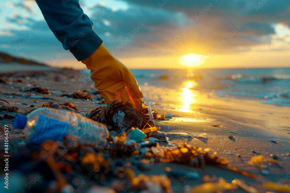 Volunteer hand with gloves collect micro plastics collects plastic from ...