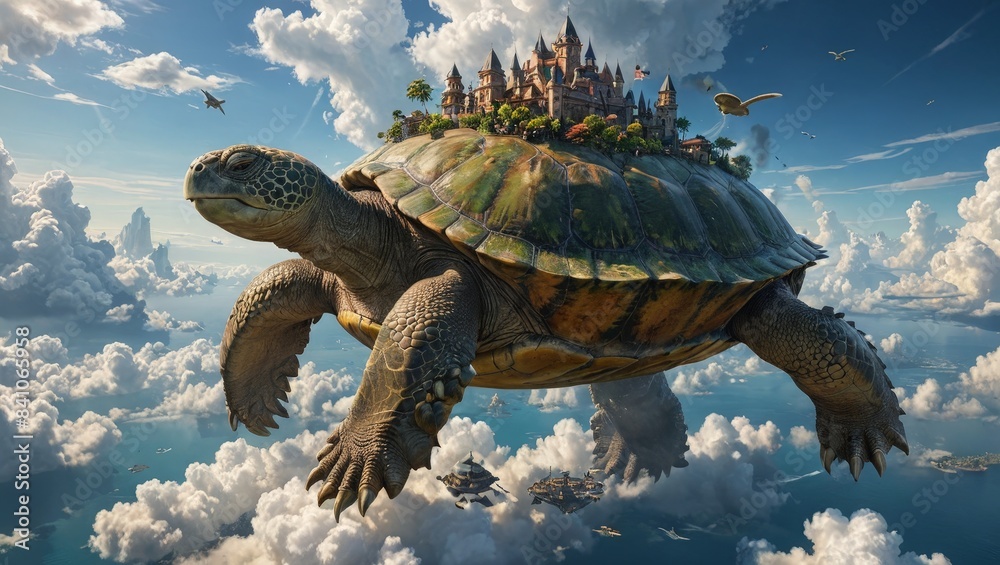 Giant Turtle Carrying a Fantasy Castle in the Sky Stock Illustration ...