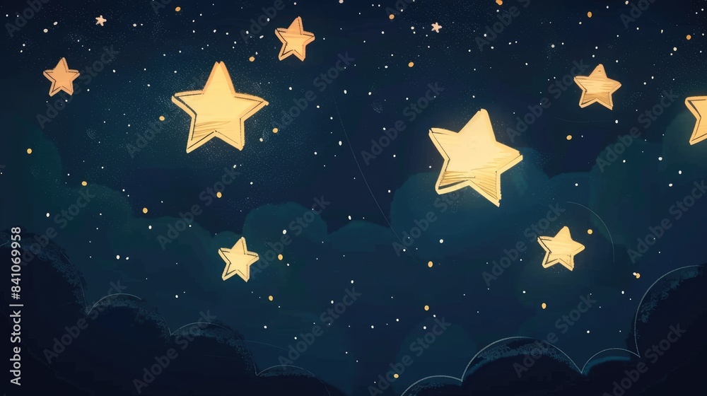 Twinkling stars in an animated white cartoon style depicted as flat 2d doodles are seen blinking ...