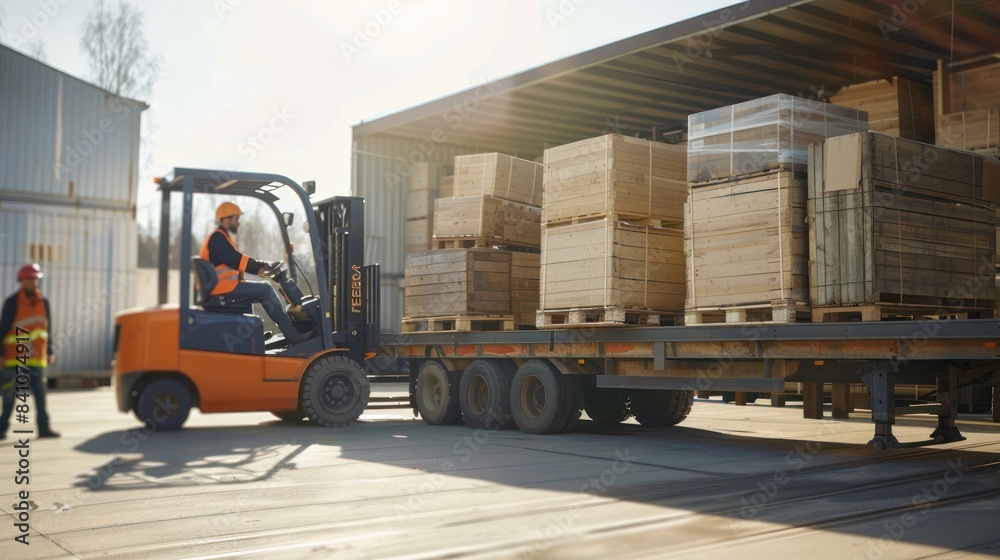Freight forwarding industry. Heavy equipment forklift unloads pallets ...