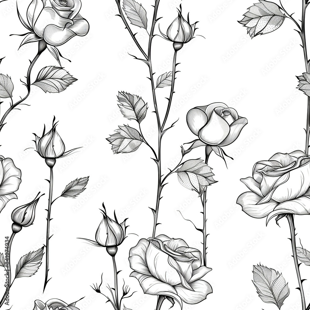 A detailed line drawing of a rose in various stages of bloom, from bud ...