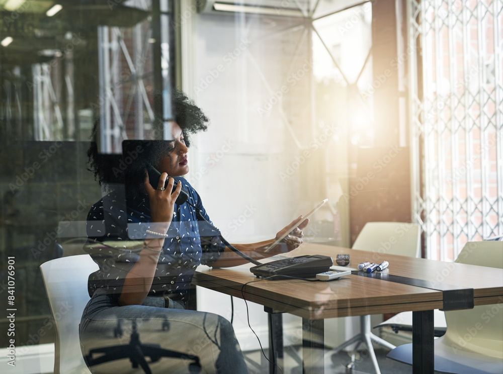 Woman, telephone call and reading on tablet in office, networking and ...