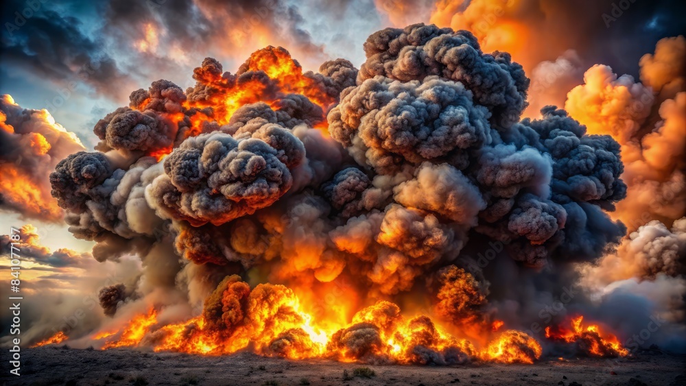 Dramatic massive smoky explosion erupts into the air with intense ...