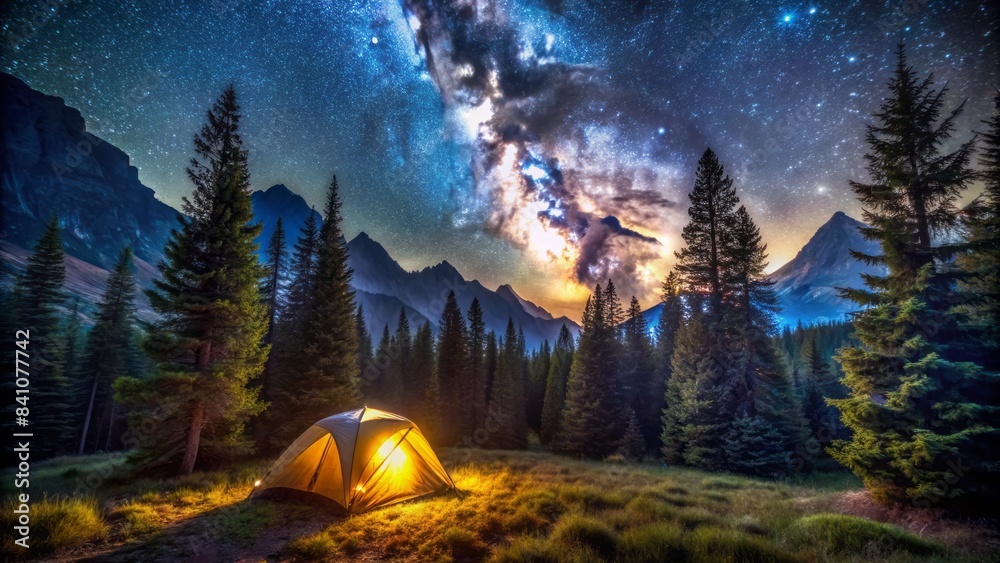 Serene summer evening camping scene in a spruce forest surrounded by ...