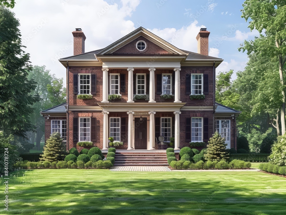 Colonial house with symmetrical design, concept historic charm, close ...