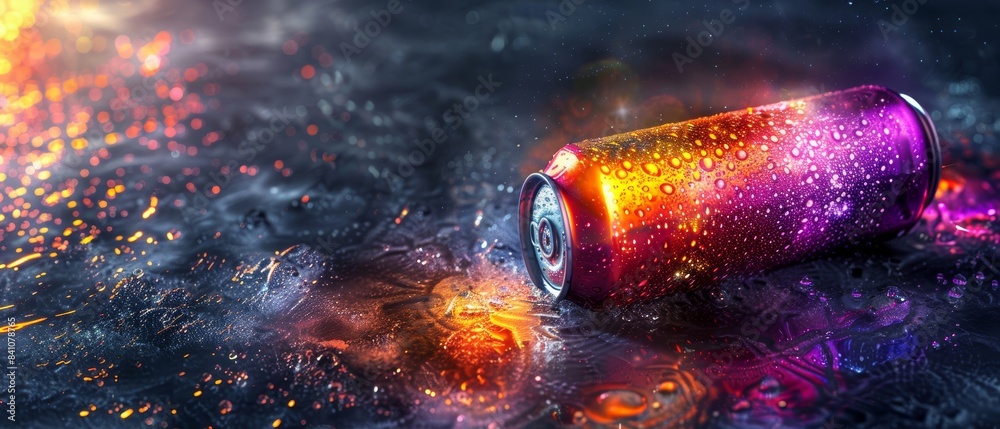 Vibrant energy drink can with water droplets lying on a wet surface in ...