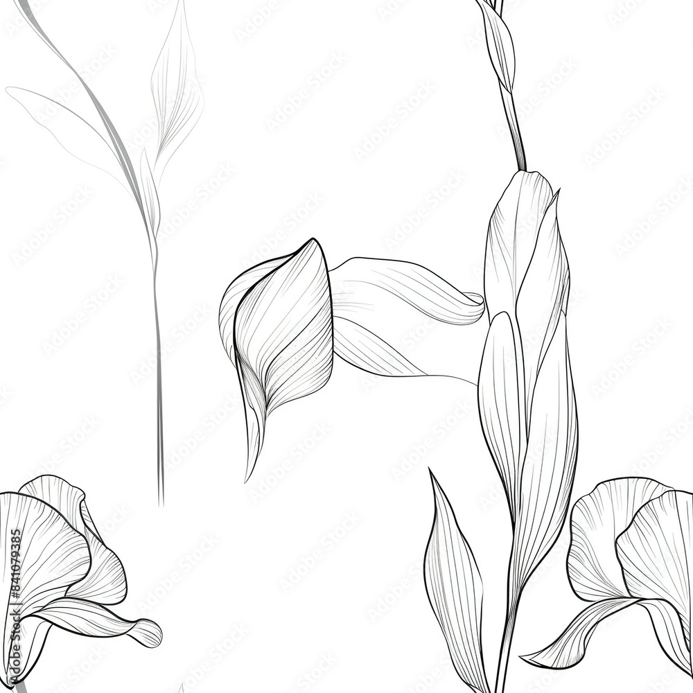 A line drawing of a single iris flower, with its intricate petal ...