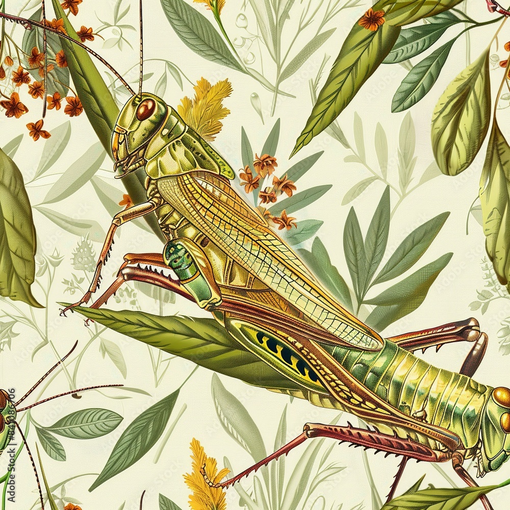 Artistic depiction of a grasshopper, with its powerful hind legs poised ...
