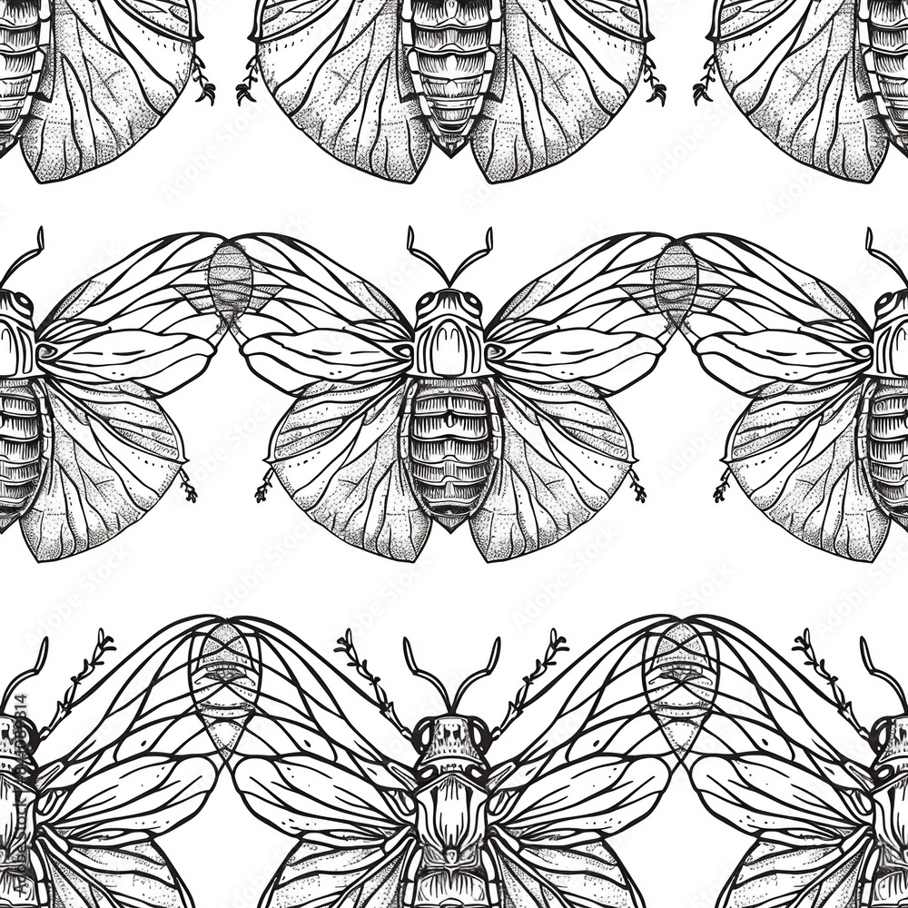 Detailed line drawing of a cicada exoskeleton, showcasing its intricate ...