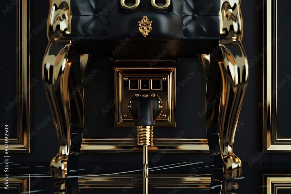 Luxury goldplated power plug in an opulent setting, front view ...