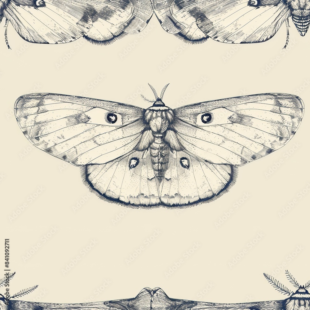 Meticulous sketch of a moth, showcasing its furry body, feathery ...