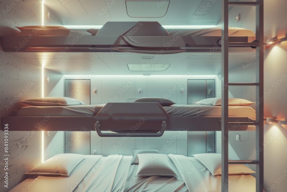 Dorm hostel with modern bunk beds, sleek and spaceefficient design, top ...