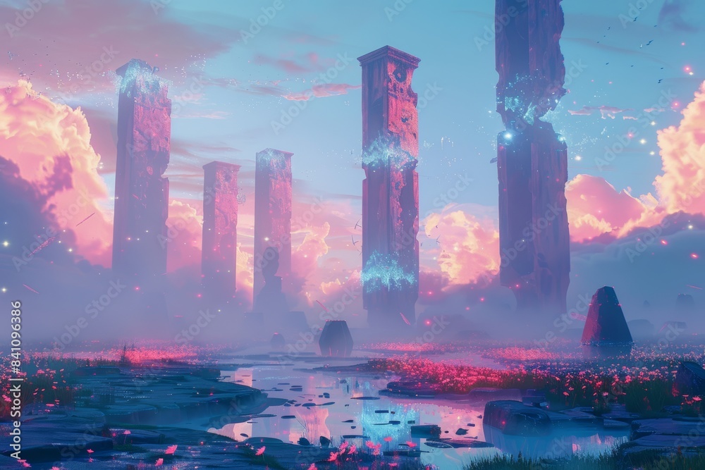 Ethereal landscape with towering monoliths under a glowing pink sky ...