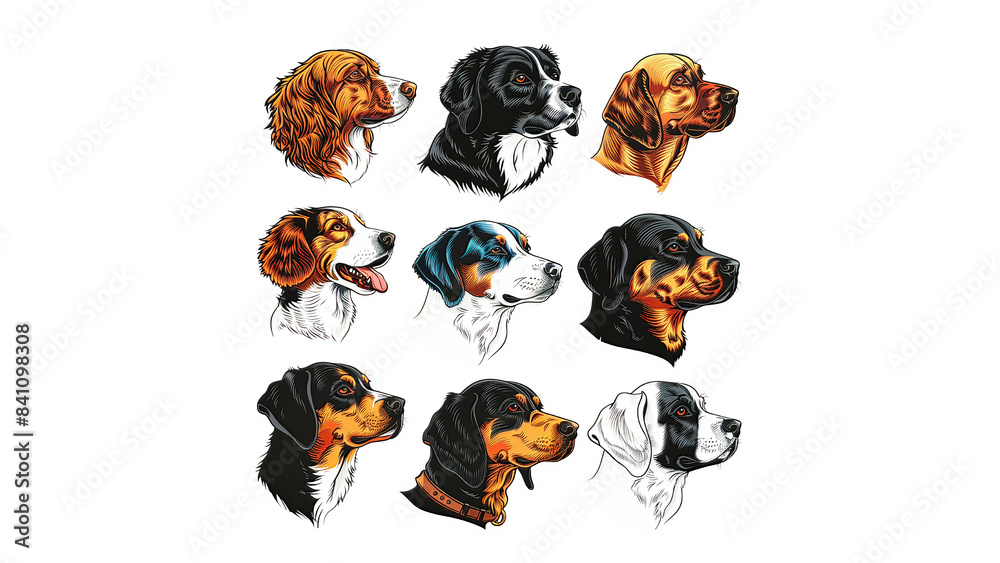 Close-up Set of various dog breeds faces, heads, on a transparent ...