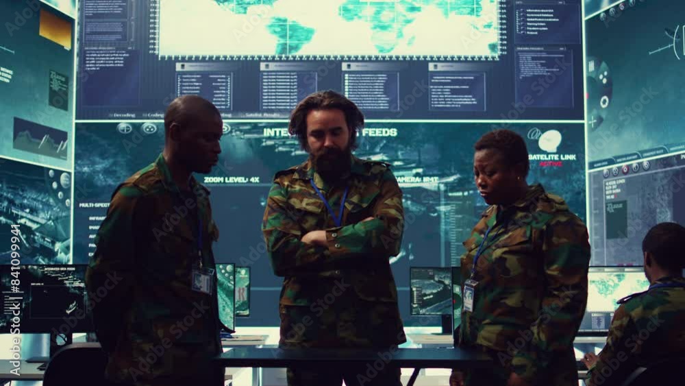 Diverse army officers examining real time data on a hologram, working ...