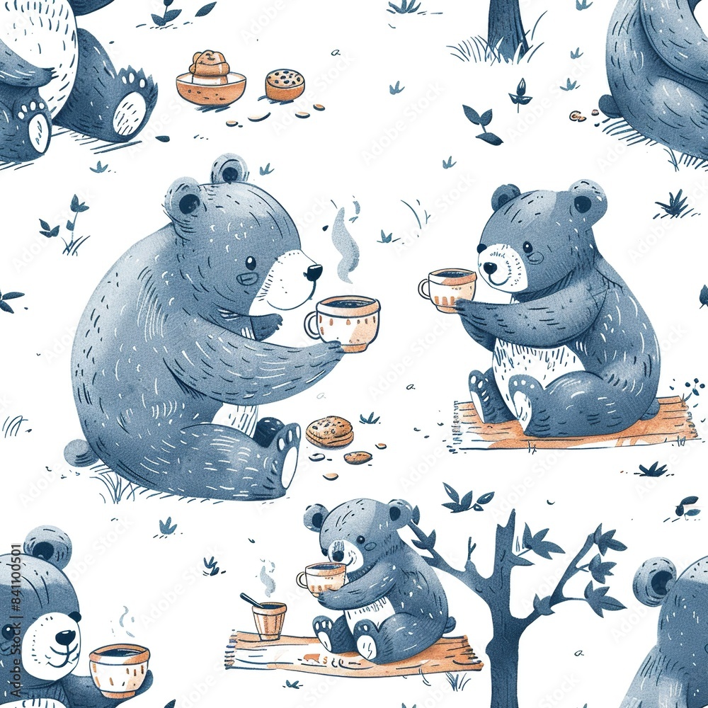 A detailed drawing of a teddy bear picnic scene, with cuddly bears ...