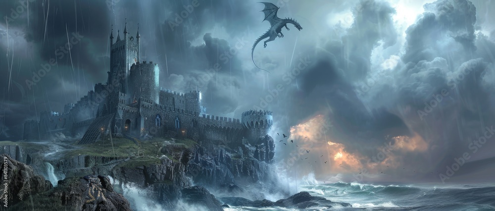 Majestic Medieval Castle on a Stormy Cliffside with a Flying Dragon in ...