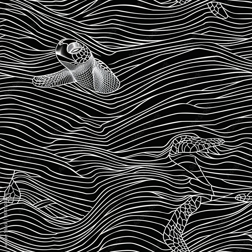 An abstract line drawing of a sea turtle swimming, with its shell and ...