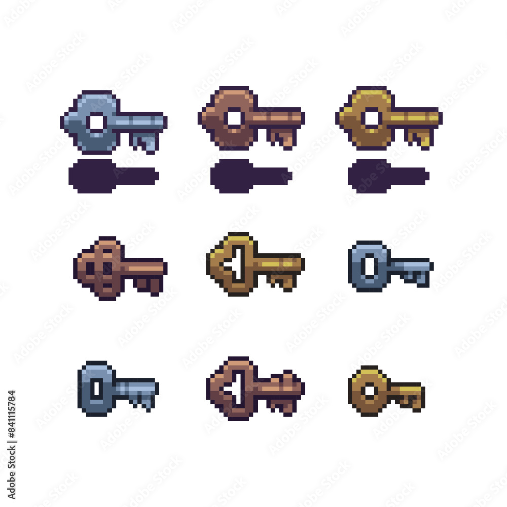Vintage keys set pixel art icons, key isolated vector illustration on ...