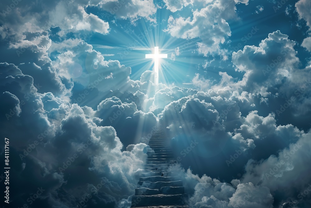Heavenly staircase leading to a bright cross in the sky. Mystical and ...