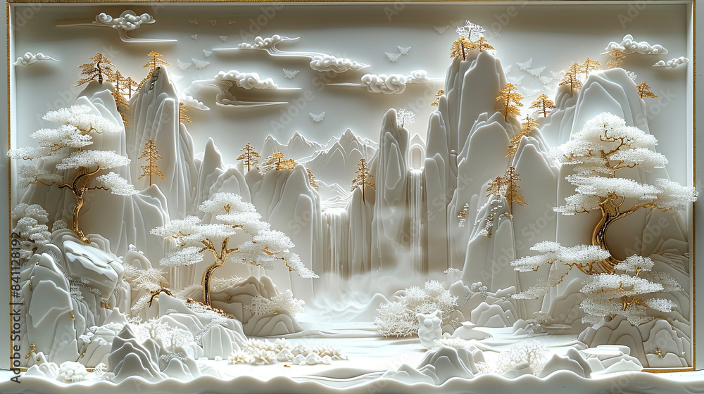 High-Definition 3D White Relief Landscape with Gold Outlines, Featuring ...