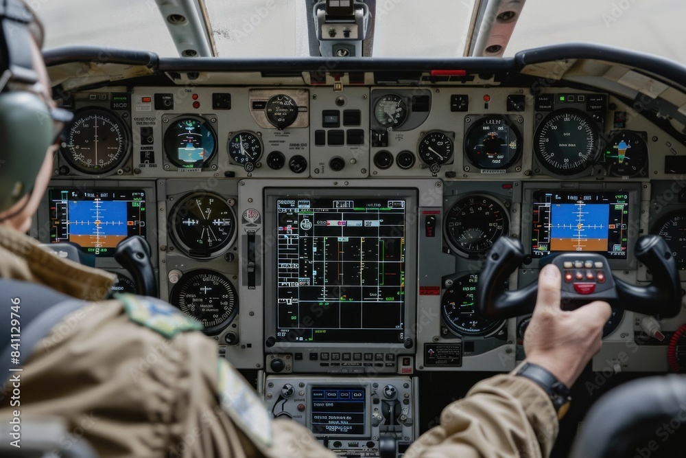 Airplane cockpit scene with pilot and flight attendant sitting together ...
