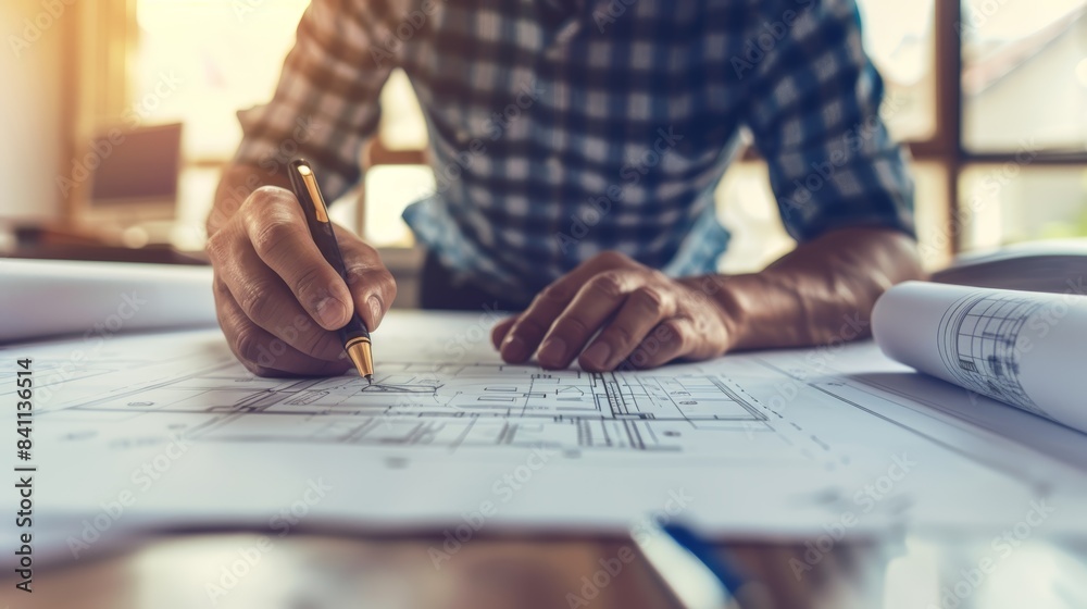 Architect drawing blueprint design on desk, close-up of hand with ...
