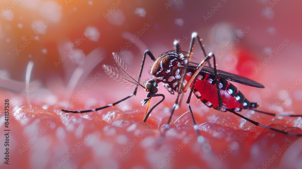 Close-up shot of a mosquito feeding on human skin, showcasing its ...