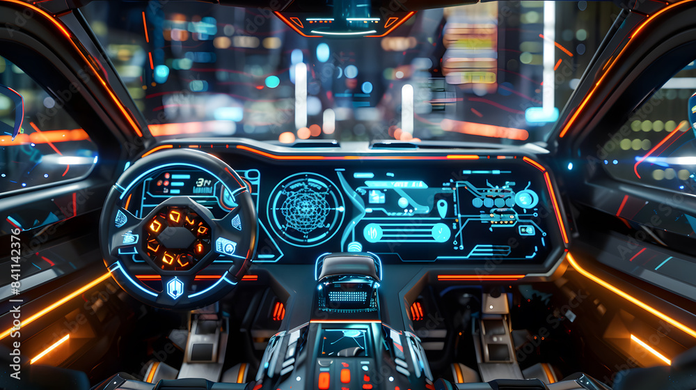 Autonomous futuristic car dashboard concept with HUD and hologram ...