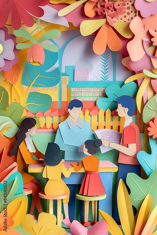 Dynamic paper-cut vector design portraying a parent-teacher meeting ...