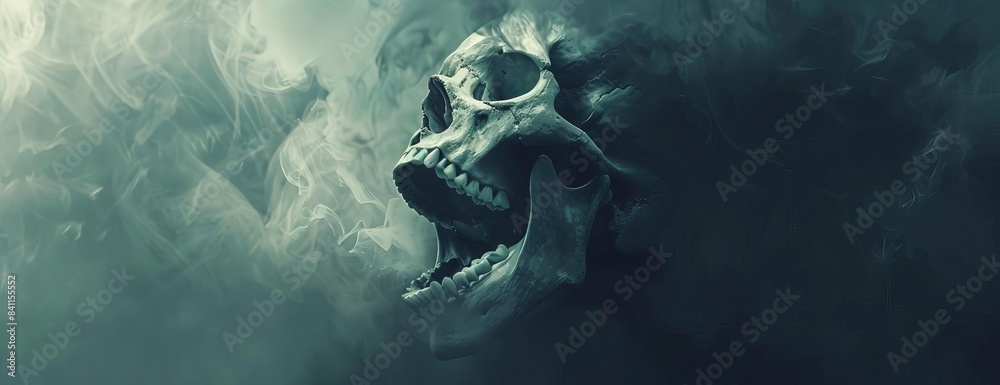 Detailed digital illustration of an open-mouthed human skull, dark and ...
