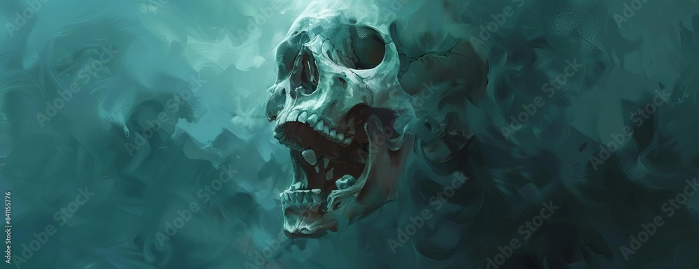 Detailed digital illustration of an open-mouthed human skull, dark and ...