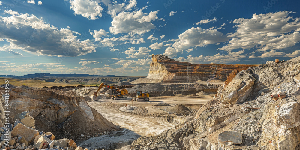 Open-pit quarry with a large excavator working under a beautiful sky ...
